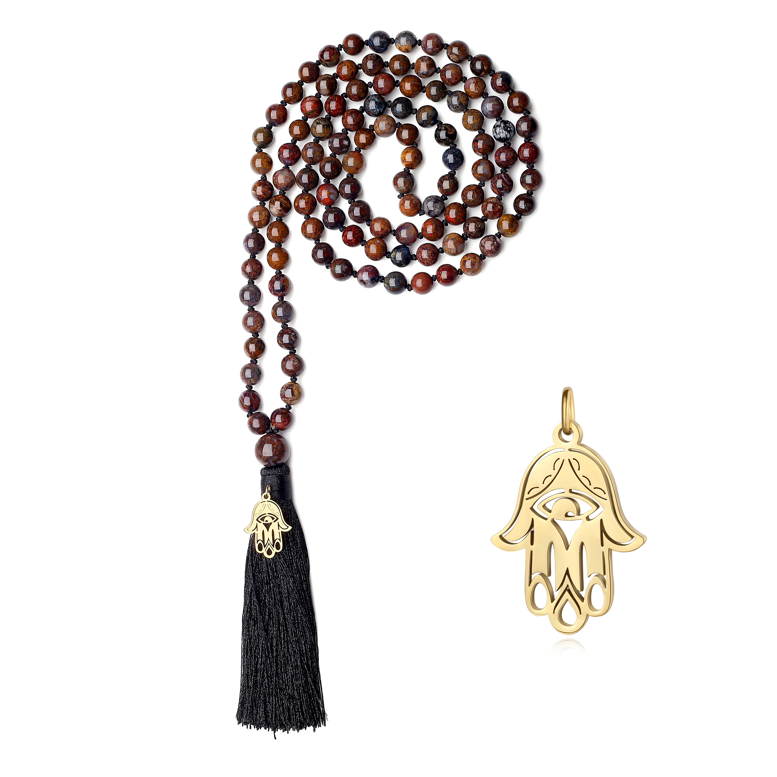 COAI Hamsa Hand Charm Hand Knotted Tassel 108 Mala Beads Pietersite Stone Beaded Necklace