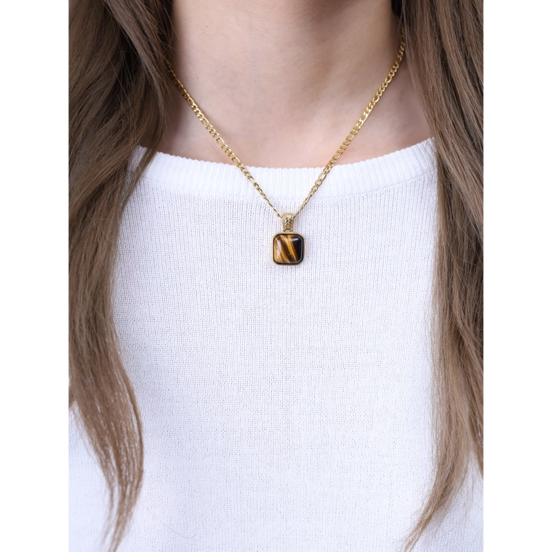 Tiger Eye Square Pendant Gold Color Figaro Necklace