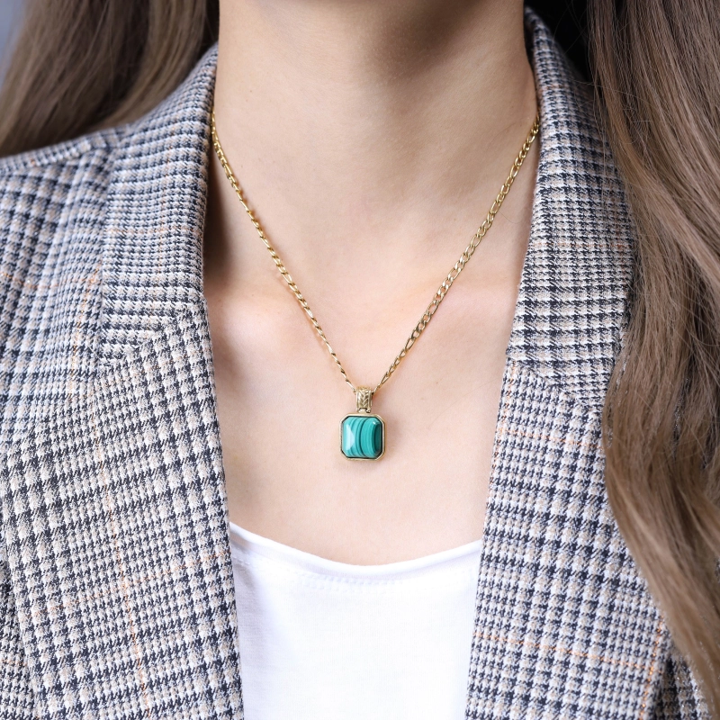 COAI Malachite Square Pendant Figaro Chain Necklace